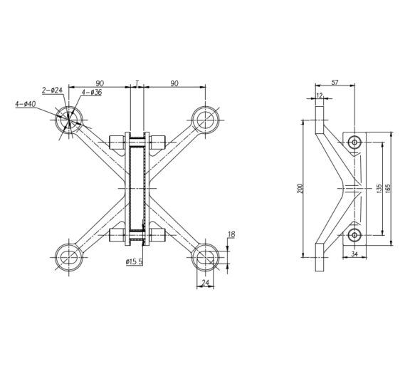 Glass fin spider-fitting, for 4 point fixings, AISI316 - Rfix.eu